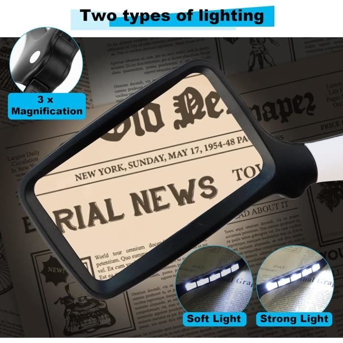 Loupe De Lecture Avec 5 Lumières Led Loupe Grossissante 3X Et 2 Modes D’Intensité Loupe ...