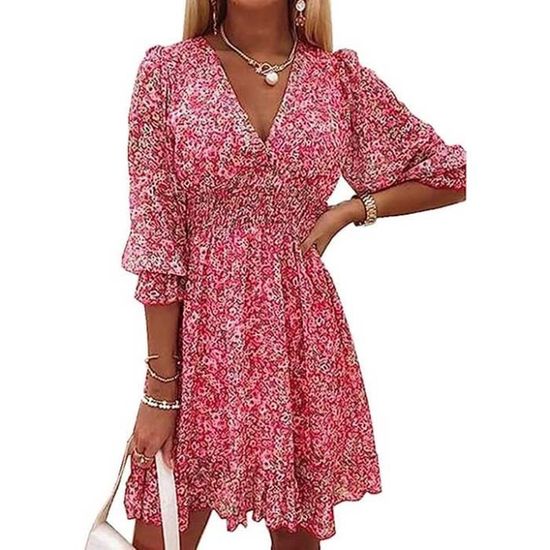 Robe Femme Mini Été Vacances Plage Col V Florale Courte avec Ceinture ...