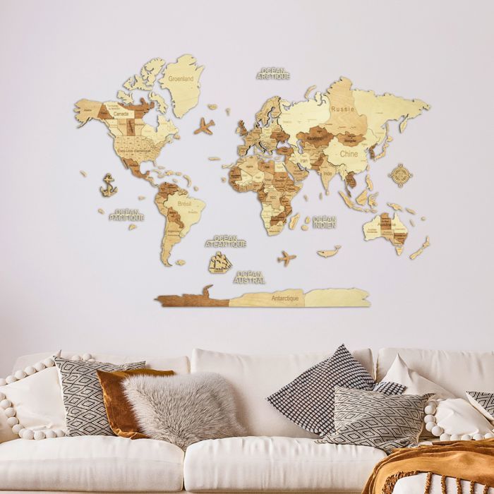 Carte du monde en bois 3D Ambrée M (100*70 cm) Creatifwood - Décoration ...