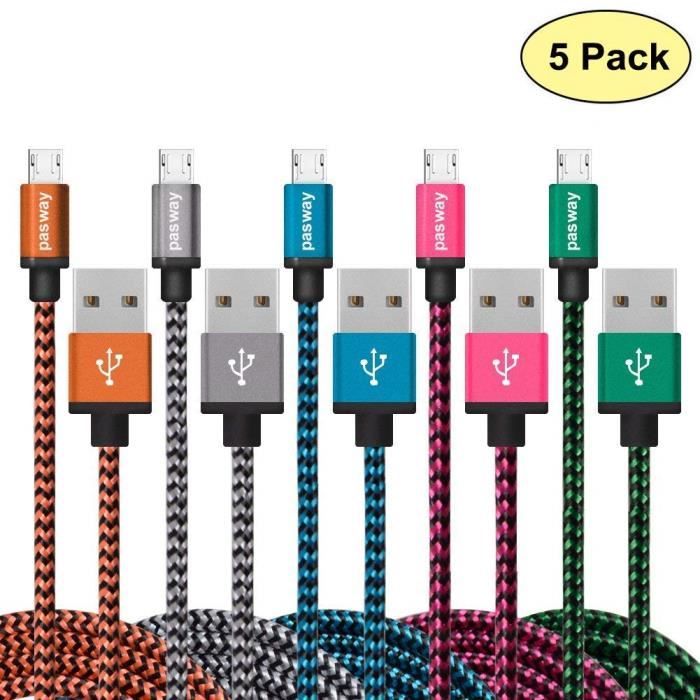 Pasway Lot de 5 1M Câble Micro USB Nylon tressé 2.0A Câbles de données ...