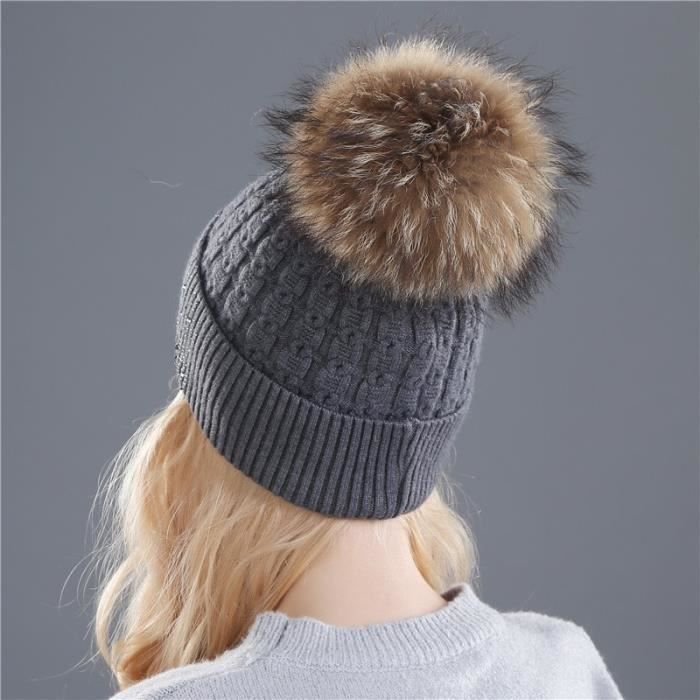 Bonnet en fourrure de raton laveur - Femme - Gris foncé - Tricoté ...