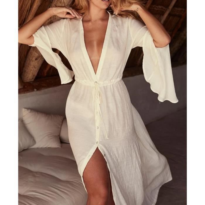 Robe Féminine Longue Plage Col V Tunique Manches Évasées Boho Long ROBE Wrap - zhishang blanc ...