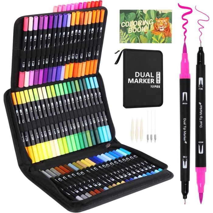 Feutres Coloriage Adulte, 72 Stylos à Colorier Stylos Pinceaux à Double ...