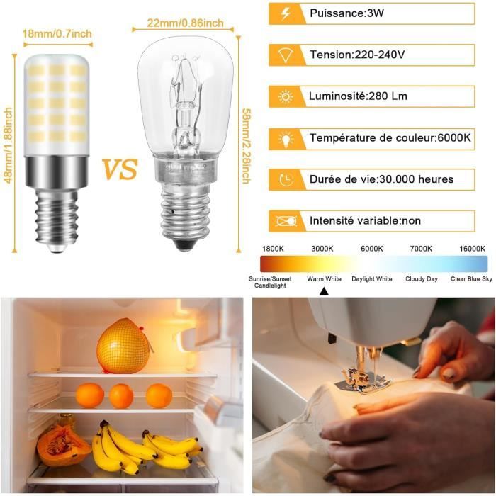 Ampoule LED E14 Réfrigérateur 3W, Blanc Chaud 3000K Frigo Lampe Équivalent Halogène 25W, AC230V ...