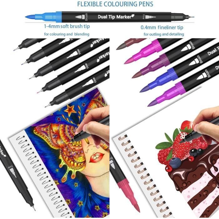 Feutres Coloriage Adulte, 72 Stylos à Colorier Stylos Pinceaux à Double ...