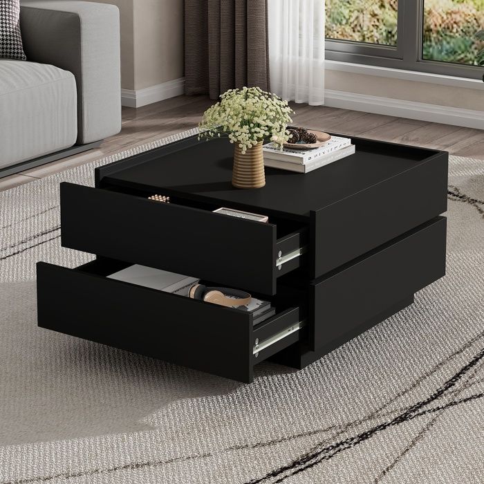 Table Basse Salon Carré avec 2 Tiroirs et Table pivotante à 360°Table d ...