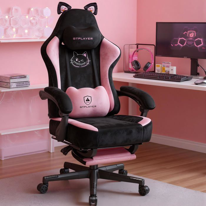 Chaise gaming velours ergo, oreilles chat, mousse mémoire, repose-pieds ...