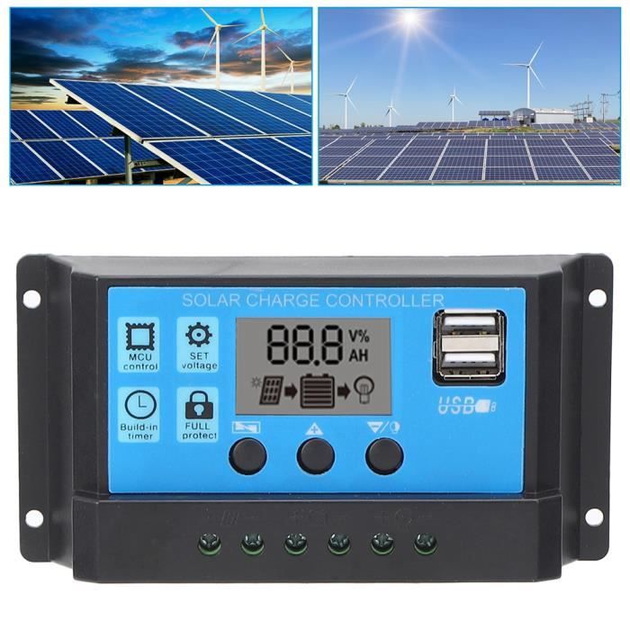 Régulateur de charge solaire LCD PV 12V/24V PWM Chargeur solaire double USB étanche 116095 ...