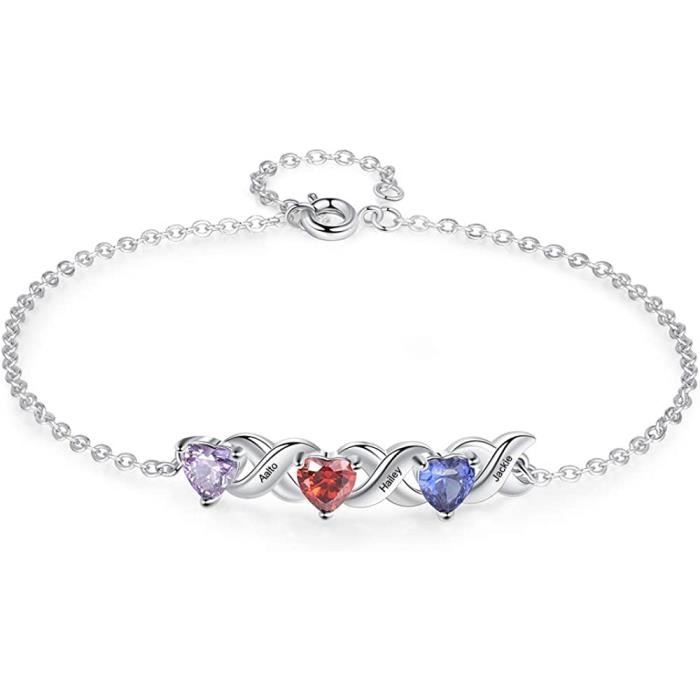 Bracelet Coeur Personnalisé avec 2 to 7 Noms et Pierre de Naissance ...