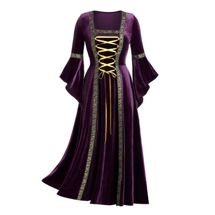 Robe médiévale en velours doré à manches évasées pour femme - Marque ...