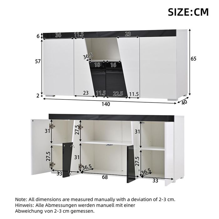 Buffet de Salon 140x40x65 cm Noir et Blanc avec 3 Armoires et LED ...