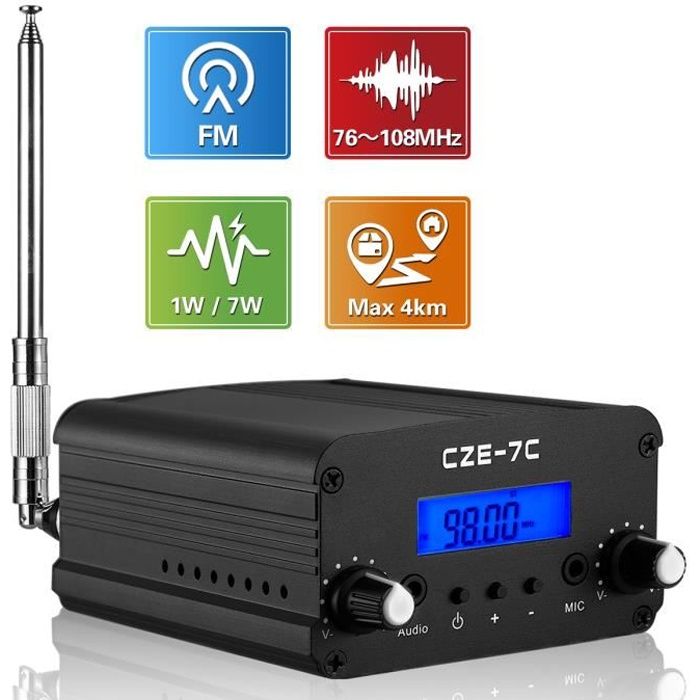 1W / 7W émetteur FM stéréo émetteur audio station de diffusion radio PLL LCD avec antenne 76-108 ...