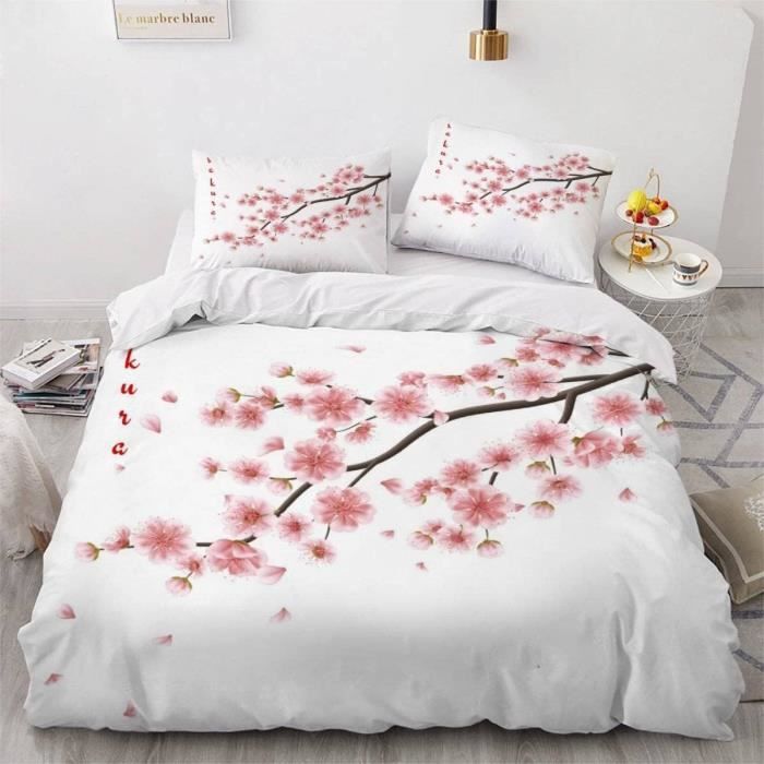 Housse De Couette 200X200 Fleurs De Cerisier Roses 3D Motif Parure De ...