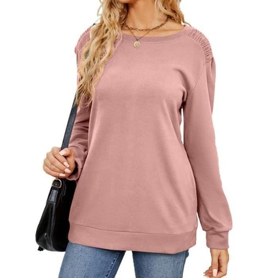 Pull Femme Col Rond Couleur Unie Pullover Lâche Manches Longues ...