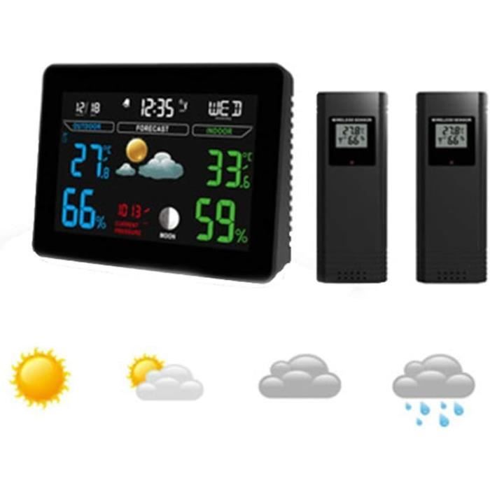 Pendules Murales Horloge De Station Météo Sans Fil, 2 Capteurs Intérieur Extérieur Intérieur ...