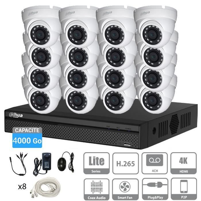 DAHUA kit Enregistreur 4To vidéo surveillance 16 caméras dômes 5 Mpx ...