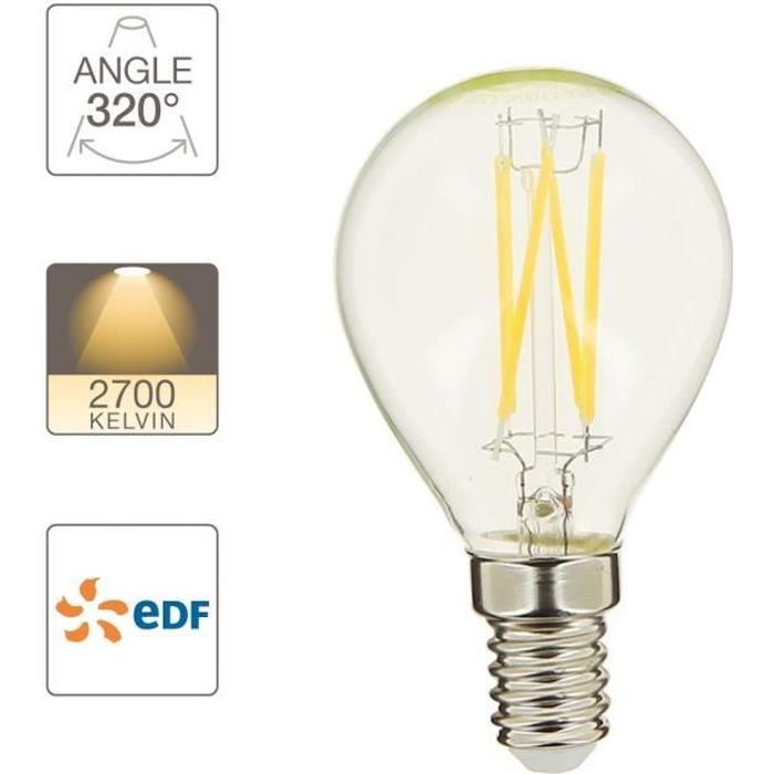 Lot x2 ampoules à filament LED EDF, sphériques, culot E14, conso 4W eq. 40W, blanc chaud ...