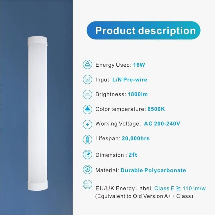Neon LED, 16W 1800lm 0.6m 6500K Reglette LED, IP40 Plafonnier Néon Tube LED Étanche, Led Garage ...