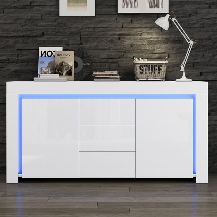 Buffet Moderne Blanc Brillant avec LED, 3 Tiroirs et 2 Portes, Meuble ...