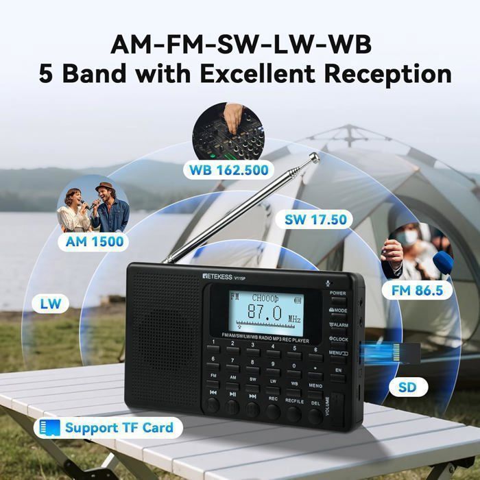 Retekess V115P Radio Portable, Poste Radio, AM/FM/SW/LW/WB, 1800mAh, TF ...