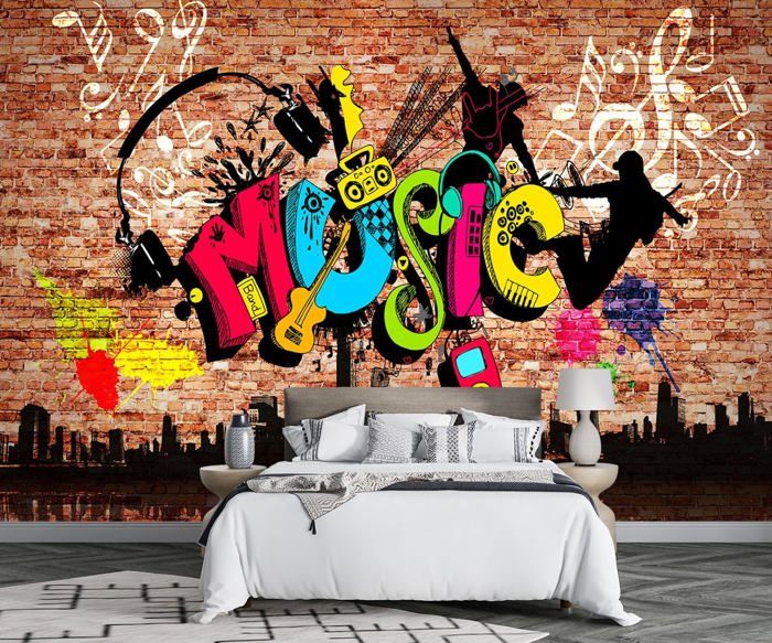 Papier Peint Panoramique Graffiti De Mur De Briques De Musique Papier ...
