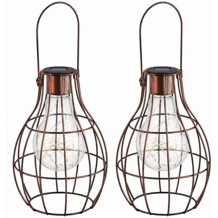Lanterne solaire de jardin Eureka - Lot de 2 - Effet luciole - Métal et verre - 26 x 19 x 19 cm ...