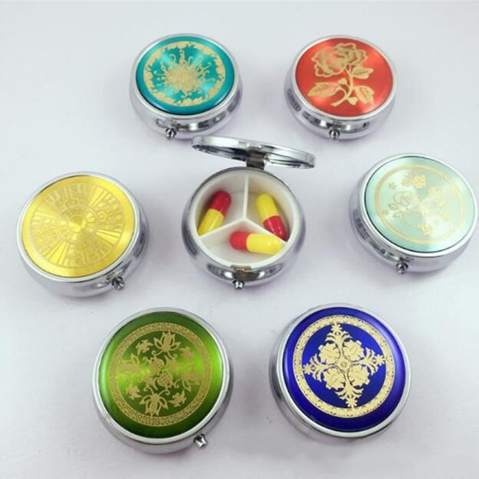 Pilulier,Pilulier rond en métal avec imprimé floral, boîte de rangement ...