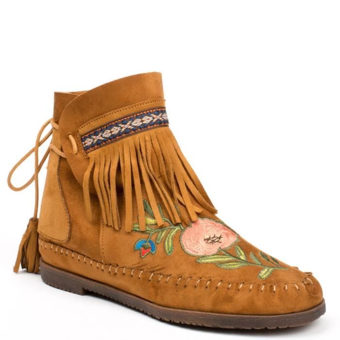 Bottines effet daim avec broderies et franges Abbie Marron Camel ...
