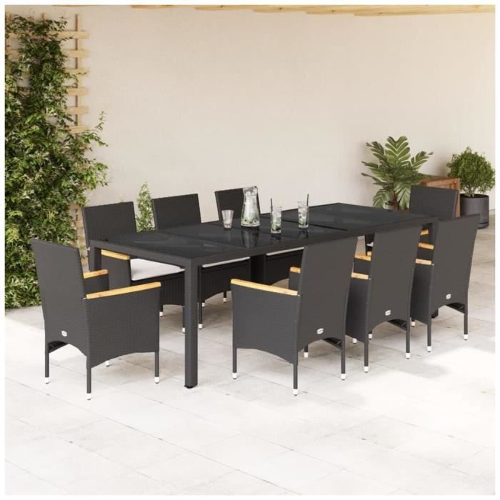 DXBK Ensemble à manger de jardin et coussins 9 pcs noir rotin verre ...
