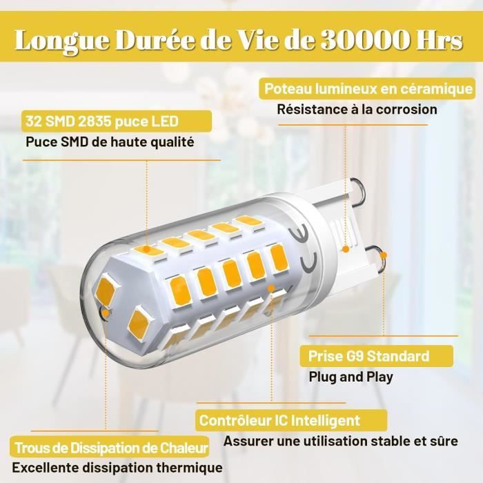 Ampoule Led G9 Dimmable Blanc Chaud 2700K, 4W Equivalent Lampe Halogène 40W G 9, Petite Ampoule ...