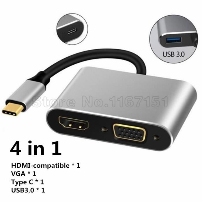 VGA HD 4 en 1 - Adaptateur Hub USB type c 4K 60hz vers double HDMI ...