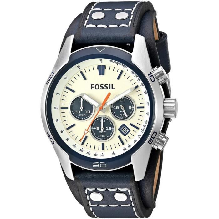 FOSSIL HOMME 44MM BRACELET CUIR BOITIER ACIER INOXYDABLE QUARTZ MONTRE ...