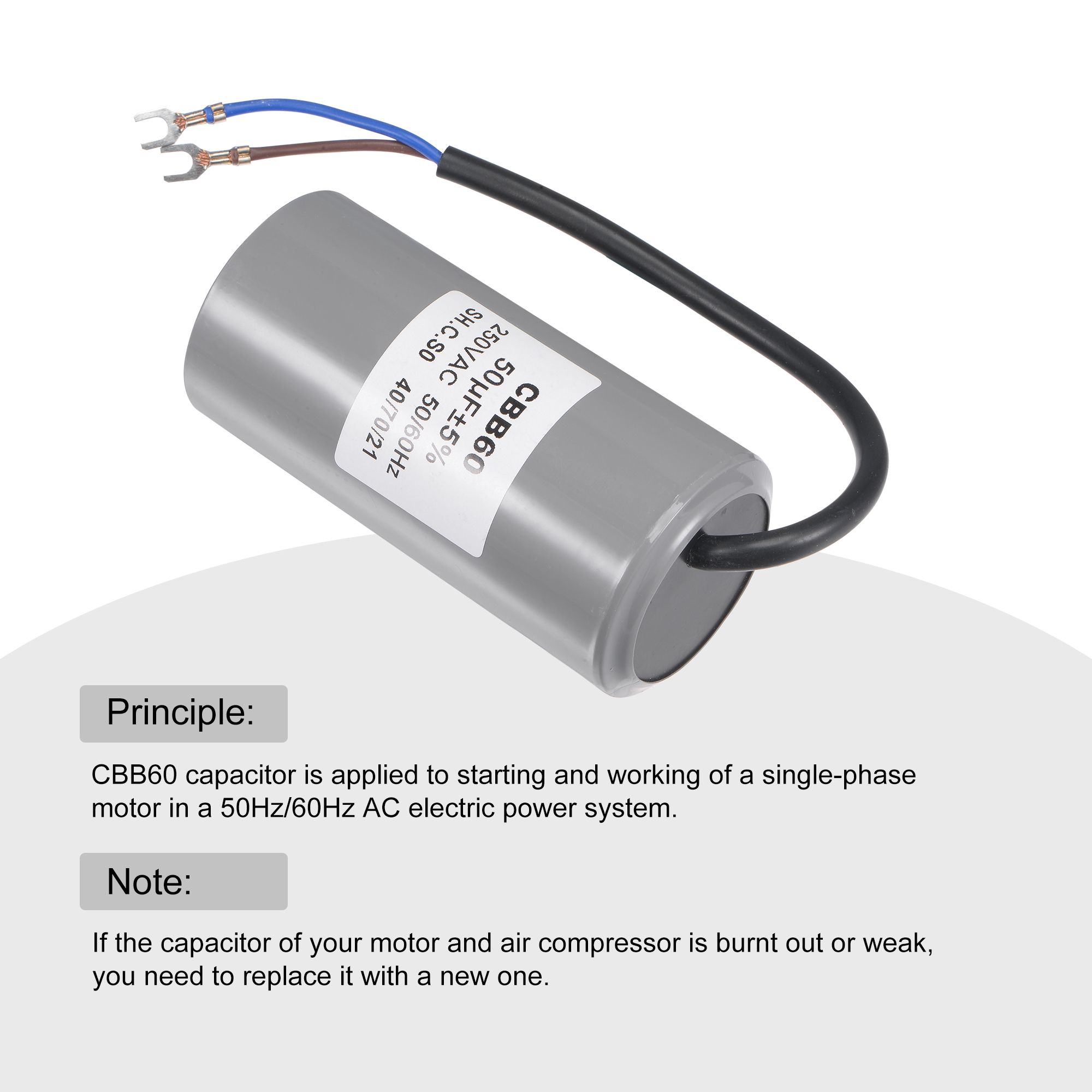 SOURCING MAP Condensateur CBB60 50uF 250V AC 2 Fils 50-60Hz Cylindre ...