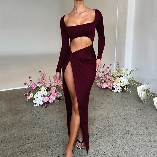 Robe fendue haute creuse sexy plissé à manches longues robe de soirée club robe moulante aux ...