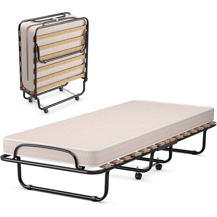 GIANTEX Lit d’Appoint Pliable 80X190cm avec Roulettes+Matelas en Mousse ...