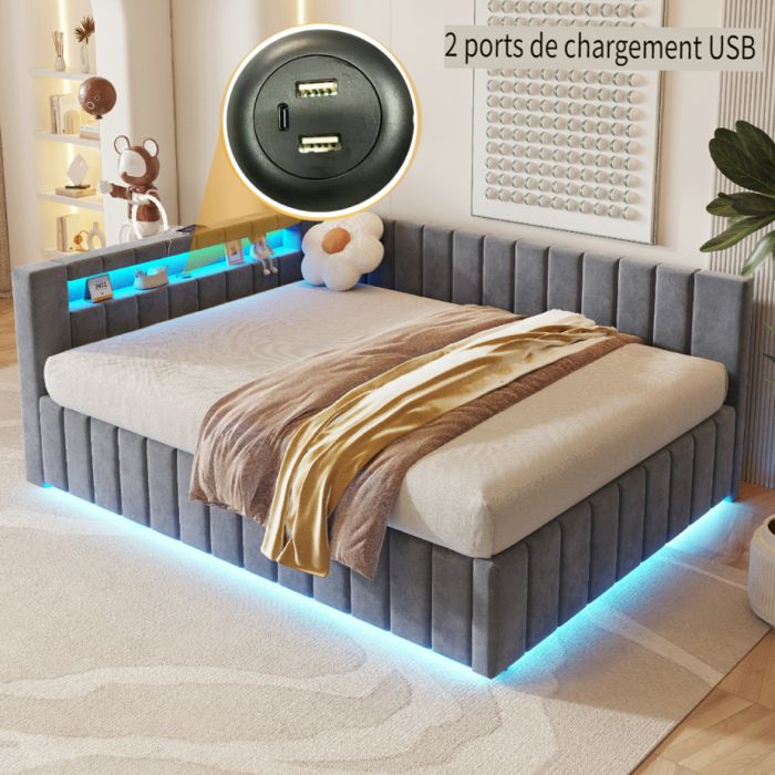 Lit 140x200 cm Canapé lit avec rangement hydraulique, éclairage LED et port USB, avec dossier ...