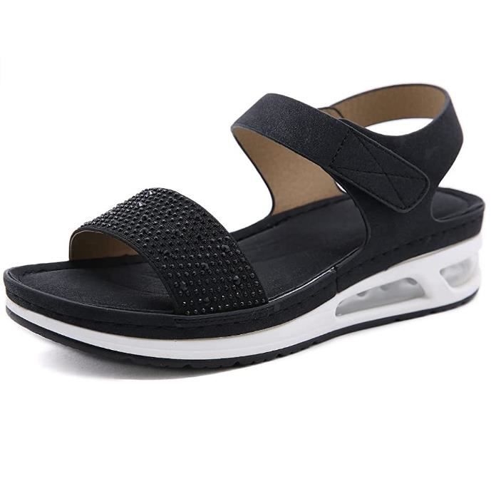 Sandales Femme - Coussin d'air - Plateforme - Strass - Noir - Talon ...