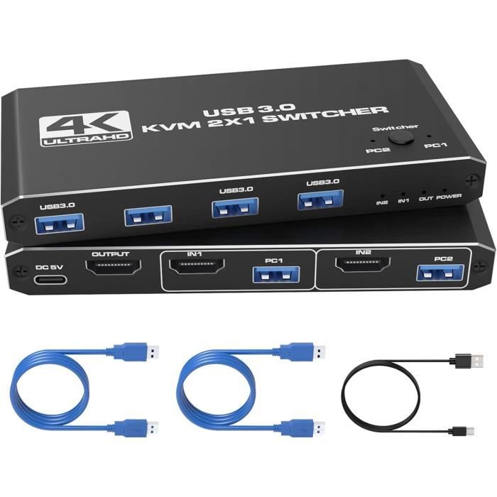 Kvm Hdmi Switch 4K 60Hz Hdcp2.3 Hdmi2.0 2 Pc 1 Moniteur 4 Ports Usb 3.0, Commutateurs Kvm Pour 2 ...