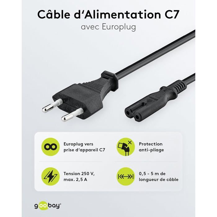 Câble d'alimentation universel - CACTOSE - 1,5 m - Noir - Type C & C7 ...