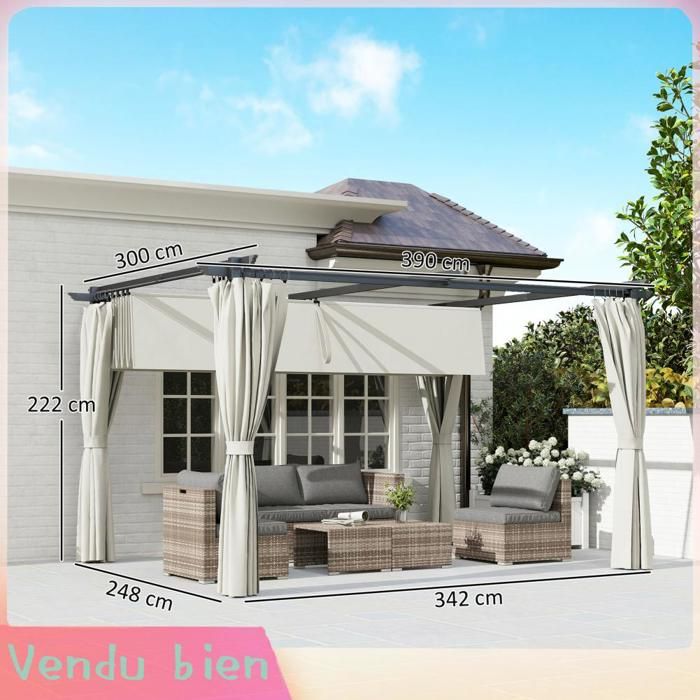 LIA Pergola de jardin exterieur 3 x 4 m, toit rétractable et rideaux ...