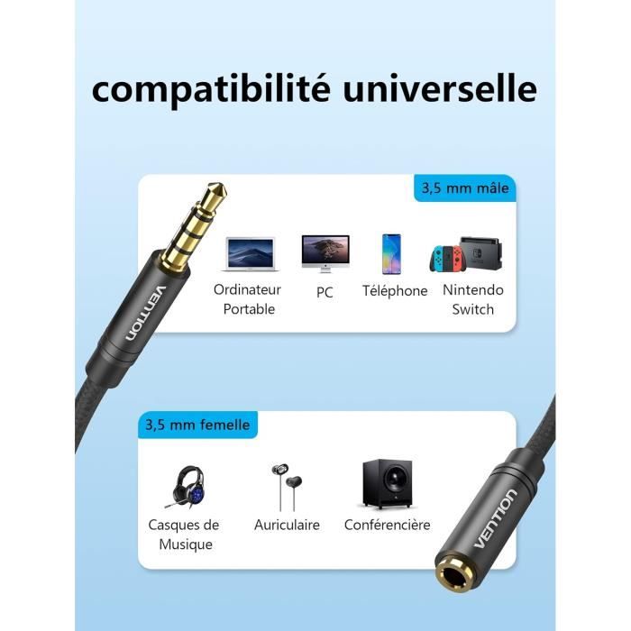 Cable Rallonge Jack Audio 5M,Câble Extension Audio En Nylon Tressé Jack ...