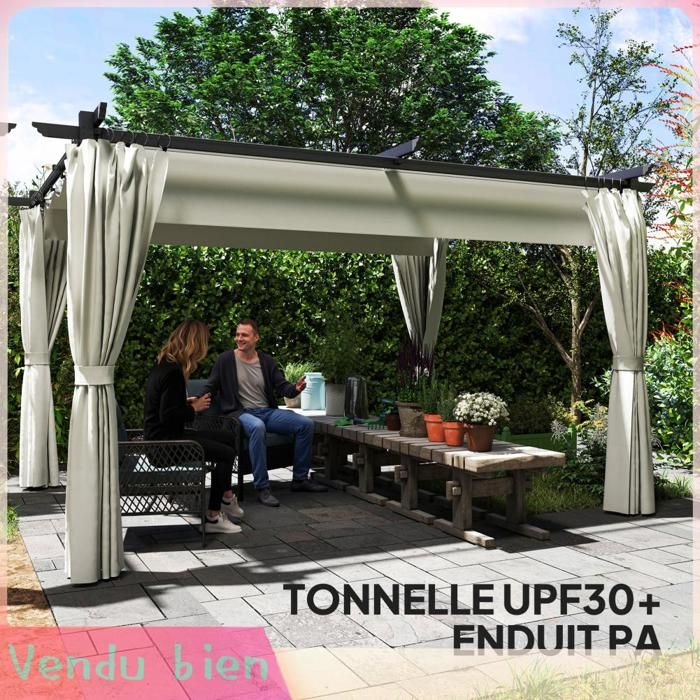 LIA Pergola de jardin exterieur 3 x 4 m, toit rétractable et rideaux ...