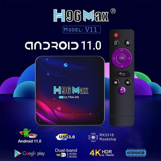 H96 Max V11 4 Go + 64 Go decodeur Android 11 Wifi, 4K, Youtube -U1 RK3318 Quad-Core 64 bits ...