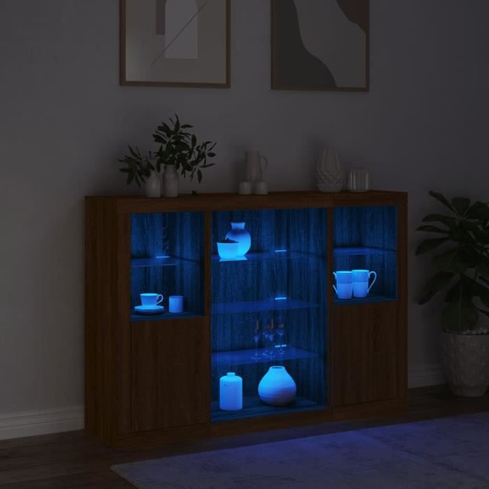 Atyhao Buffets avec lumières LED 3 pcs chêne brun bois d'ingénierie ...