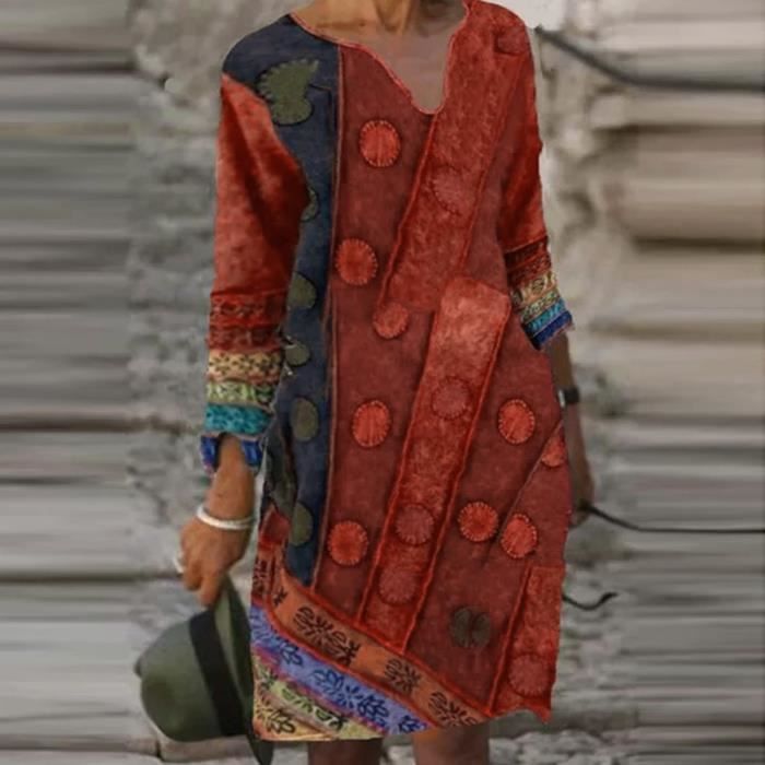 Robe mi-longue imprimée à manches longues et col en V rouge Rouge ...