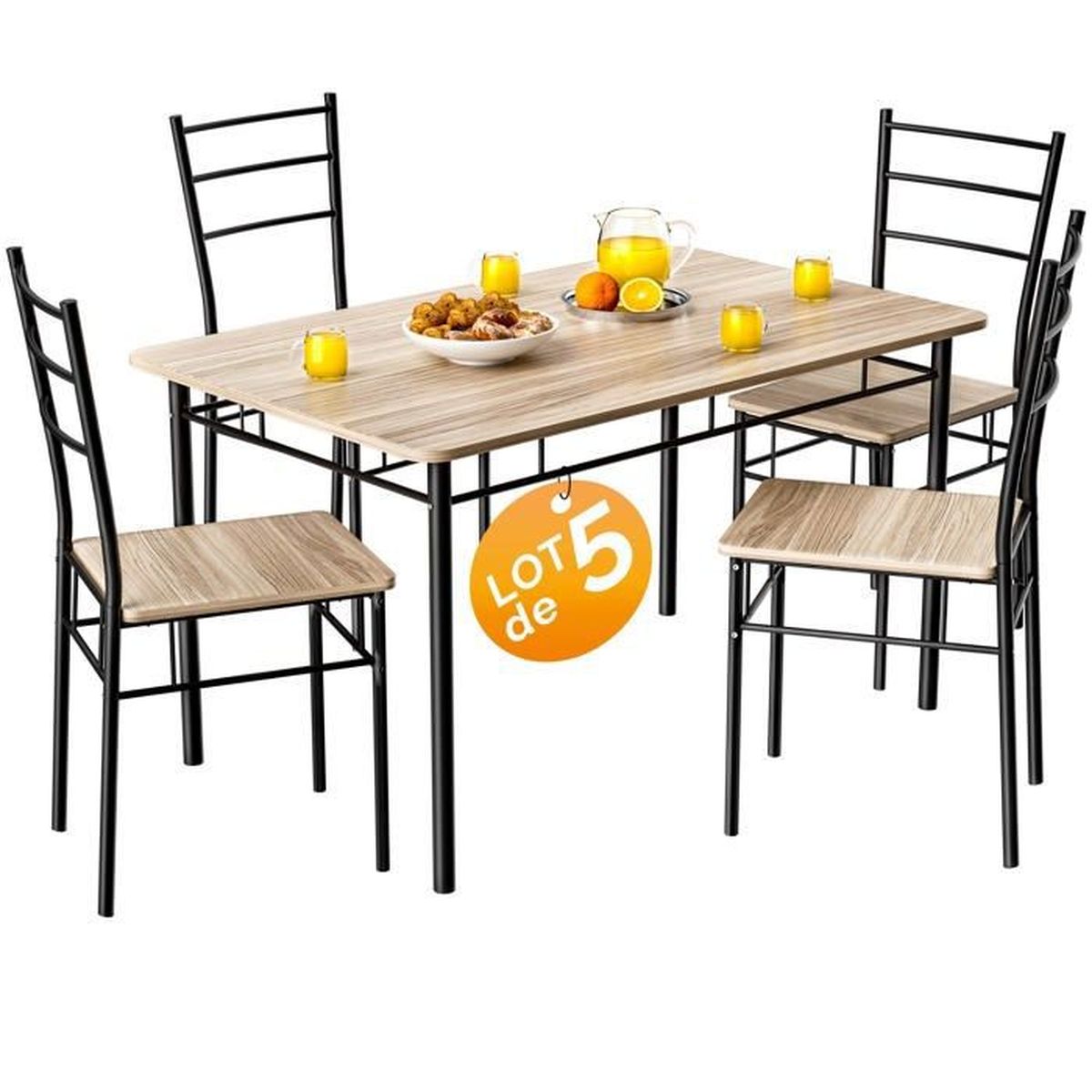 CASARIA® Ensemble LEO table avec 4 chaises chêne clair MDF métal laqué ...