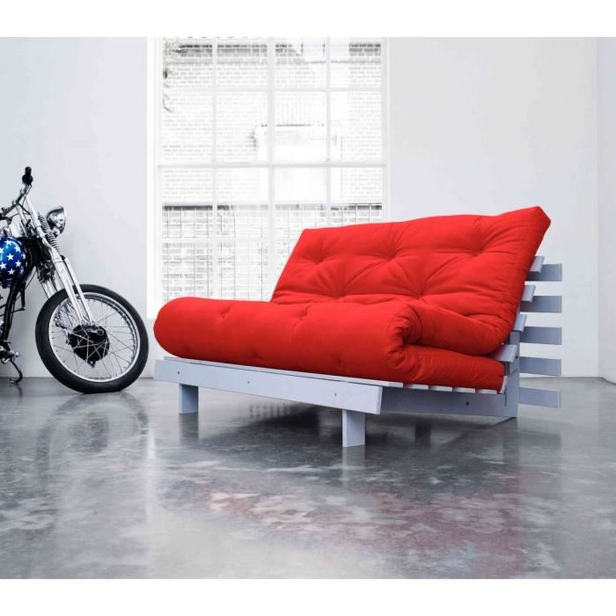 Pack Futon Matelas Latex Rouge Structure en Bois Gris Clair 90x200 ...