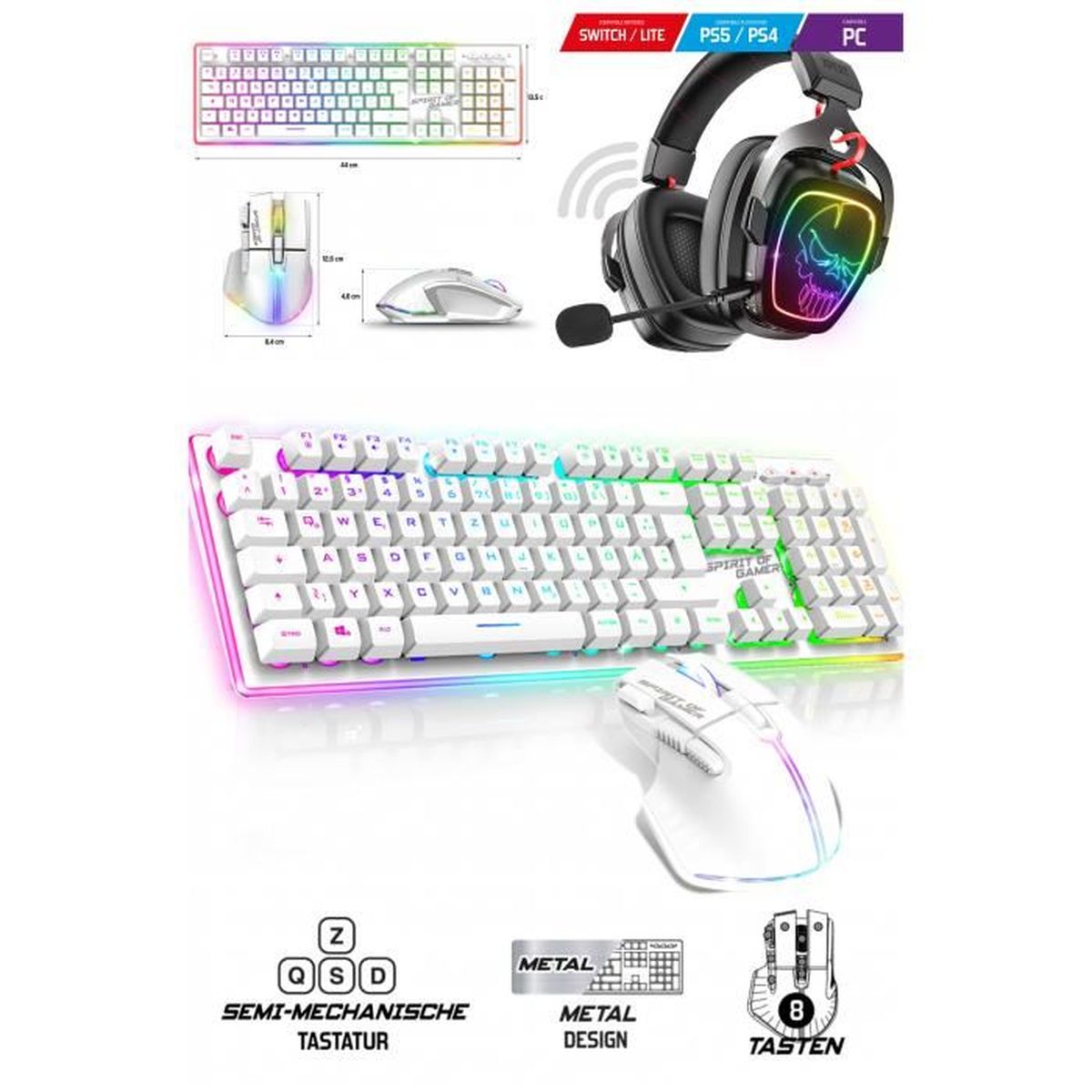 CLAVIER semi mécanique sans fil Blanc RGB PRO Spirit of Gamer + SOURIS ...