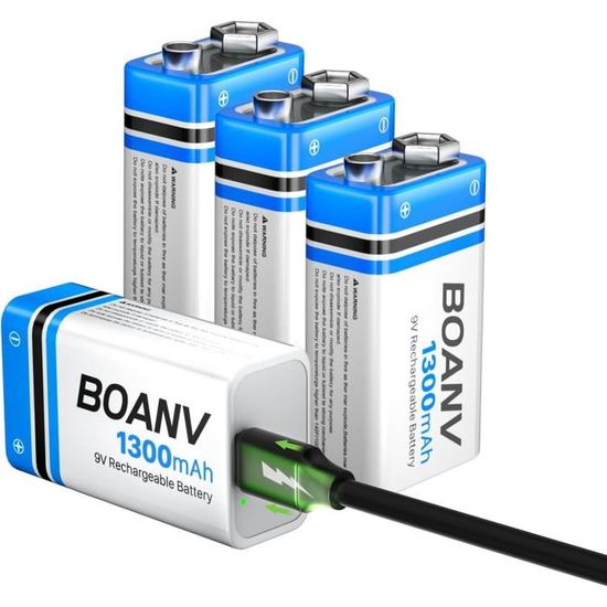 4PCS Piles 9V Rechargeables 1300mAh, 9V Rechargeable USB Lithium à ...