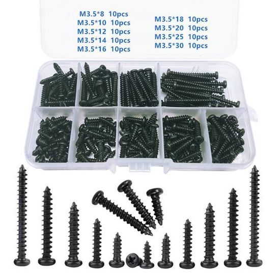 VIS,M3.5--Kit'assortiment de vis autotaraudeuses M1 M1.2 M1.4 M1.6 M1.8 M2 M3 M4, filetage en ...